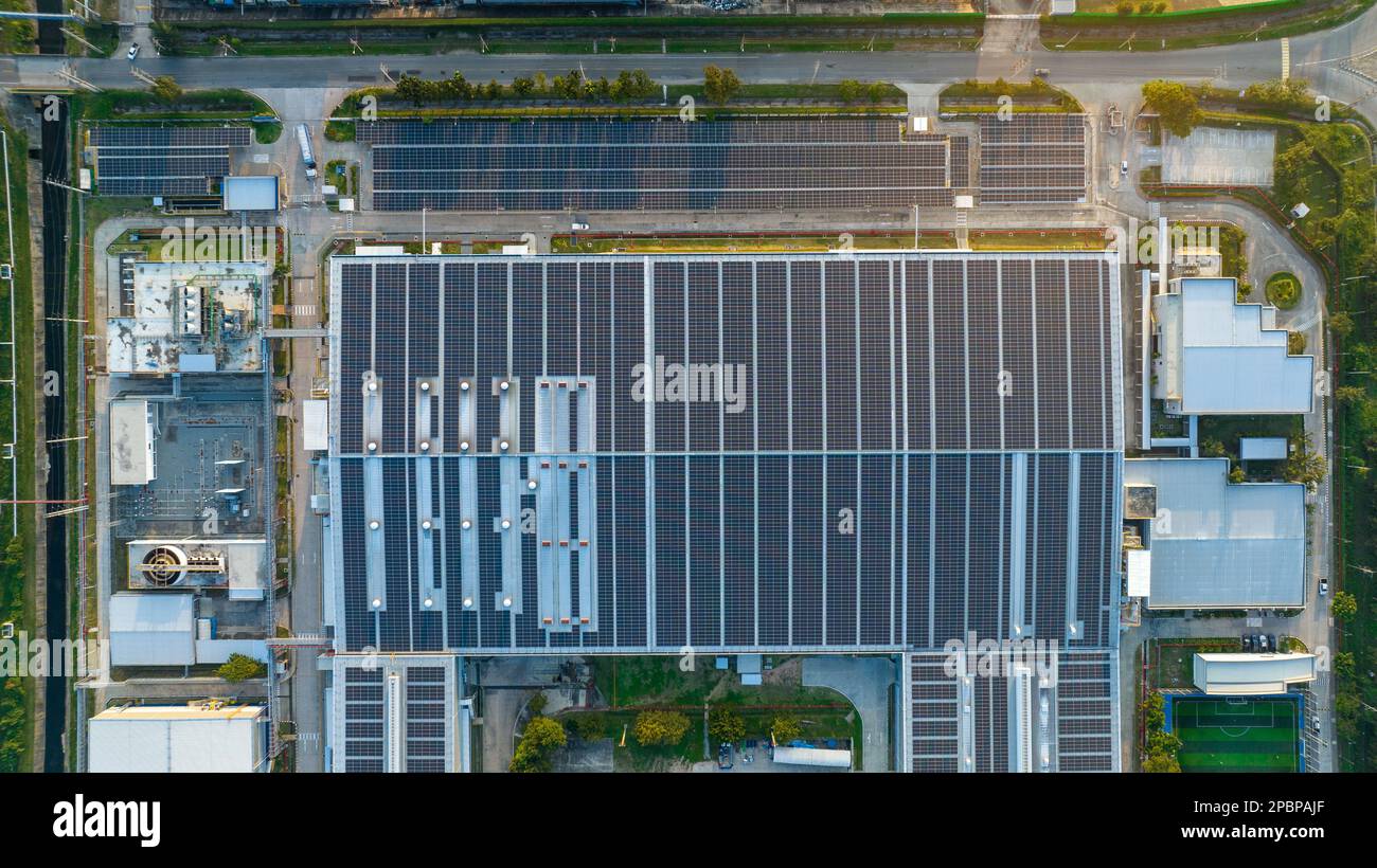 Top view Solar Panels on Warehouse Factory. Solar photo voltaic panels ...