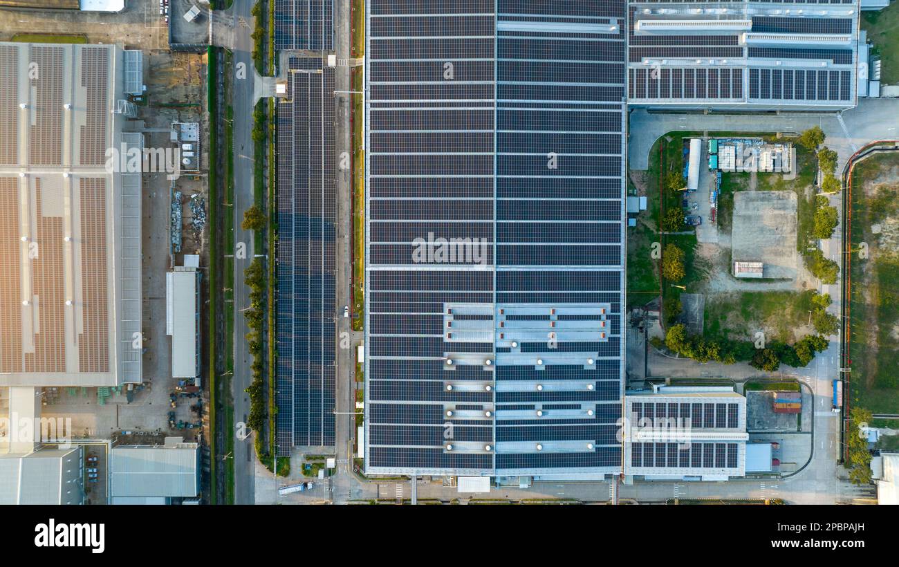 Top view Solar Panels on Warehouse Factory. Solar photo voltaic panels ...