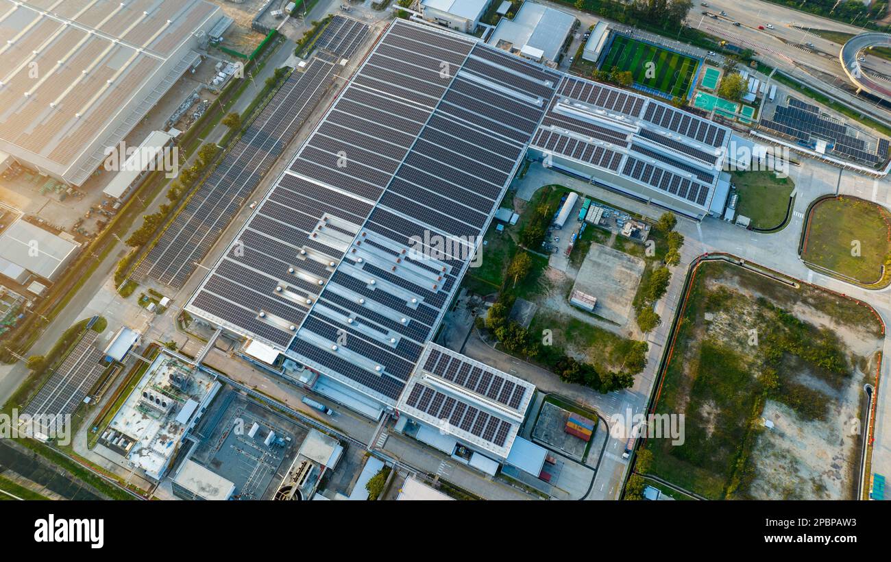 Top view Solar Panels on Warehouse Factory. Solar photo voltaic panels ...