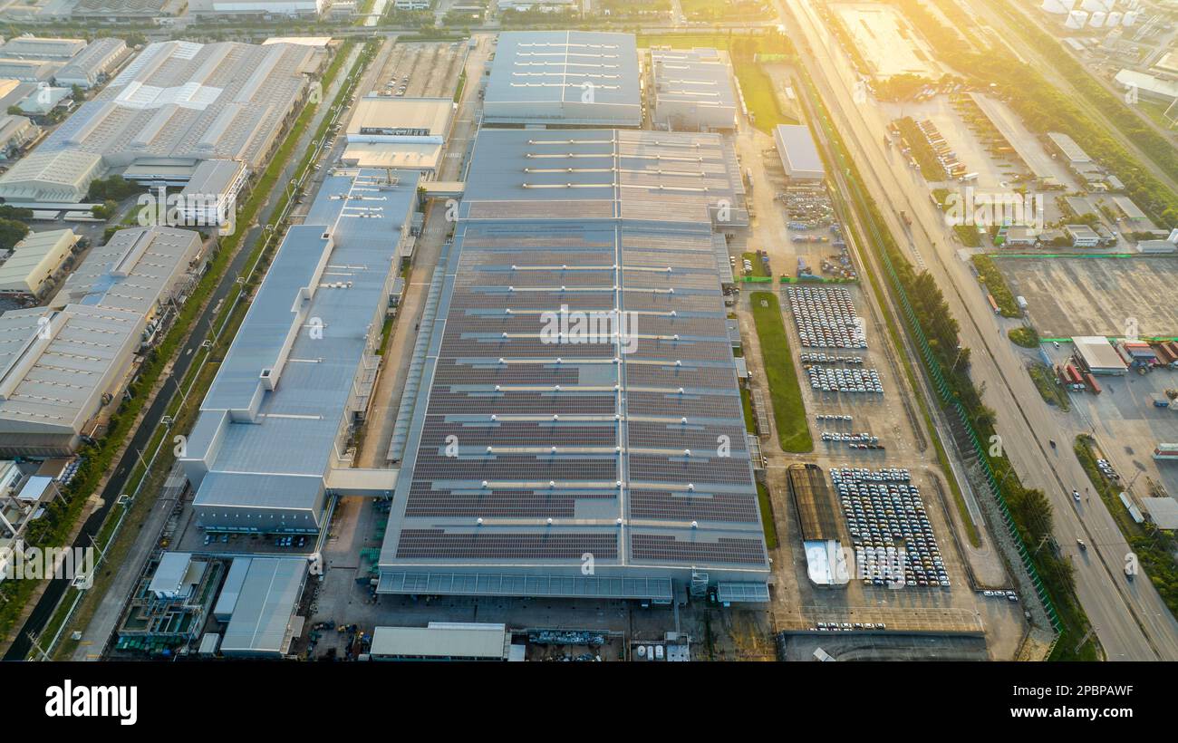 Top view Solar Panels on Warehouse Factory. Solar photo voltaic panels ...