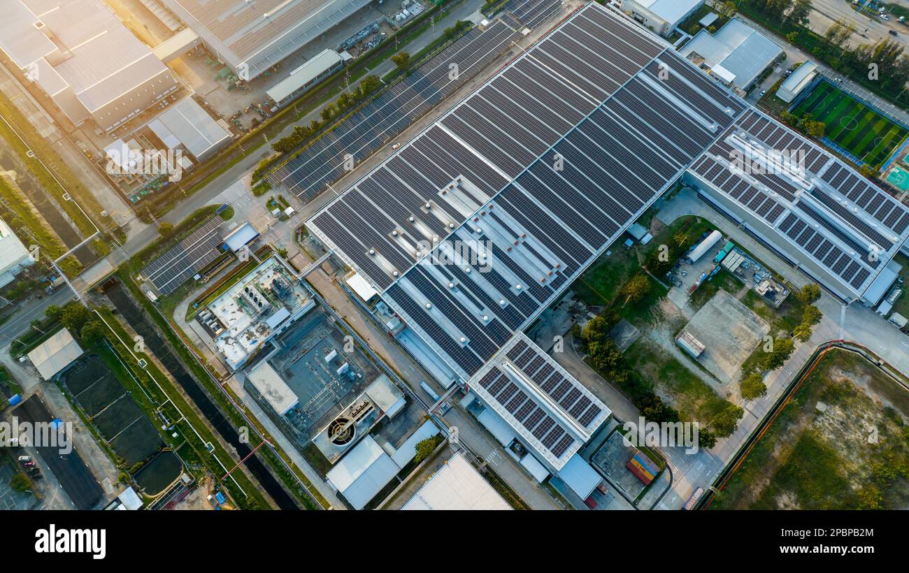Top view Solar Panels on Warehouse Factory. Solar photo voltaic panels ...