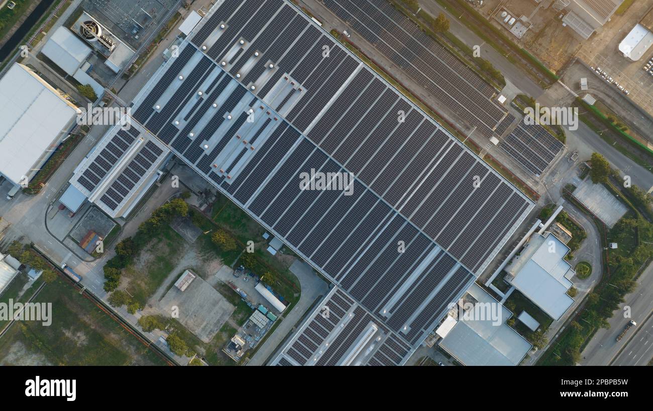 Top view Solar Panels on Warehouse Factory. Solar photo voltaic panels ...