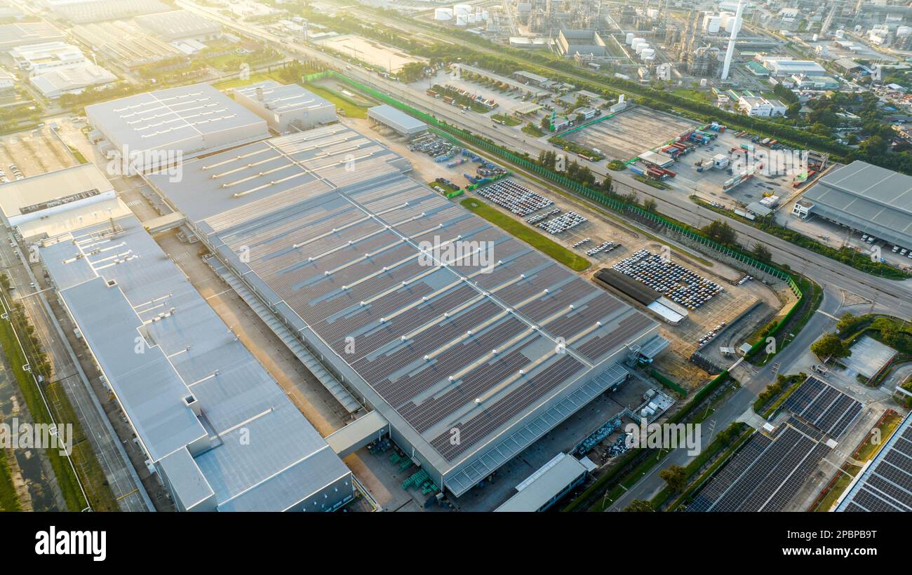 Top view Solar Panels on Warehouse Factory. Solar photo voltaic panels ...