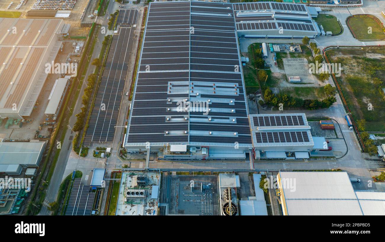 Top view Solar Panels on Warehouse Factory. Solar photo voltaic panels ...