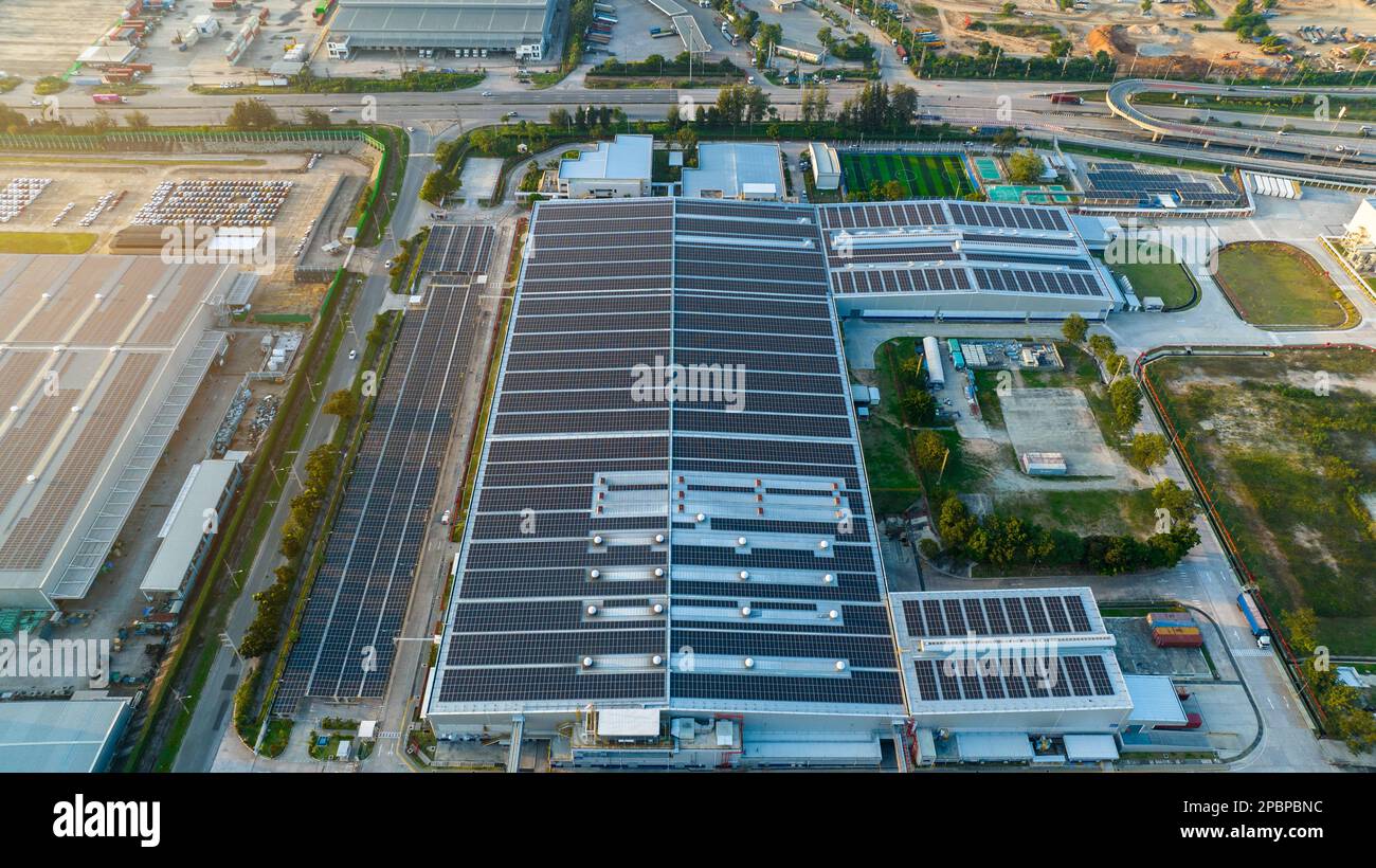 Top view Solar Panels on Warehouse Factory. Solar photo voltaic panels ...