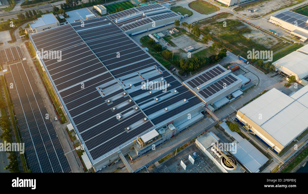 Top view Solar Panels on Warehouse Factory. Solar photo voltaic panels ...