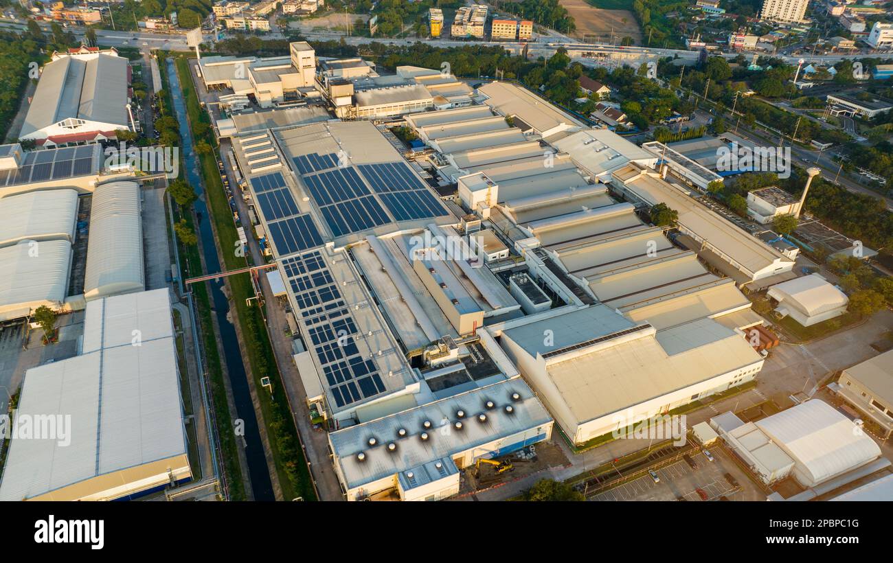 Top view Solar Panels on Warehouse Factory. Solar photo voltaic panels ...