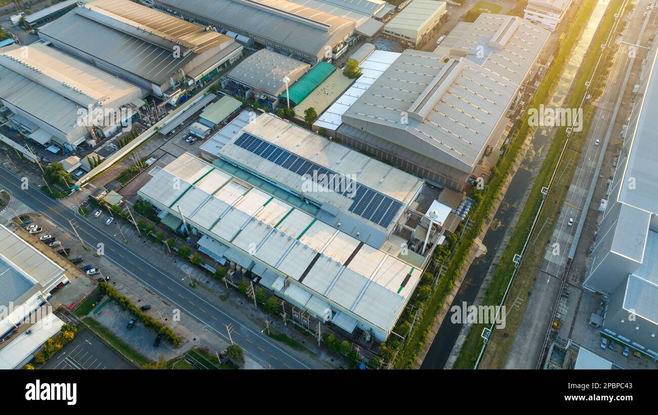 Top view Solar Panels on Warehouse Factory. Solar photo voltaic panels ...