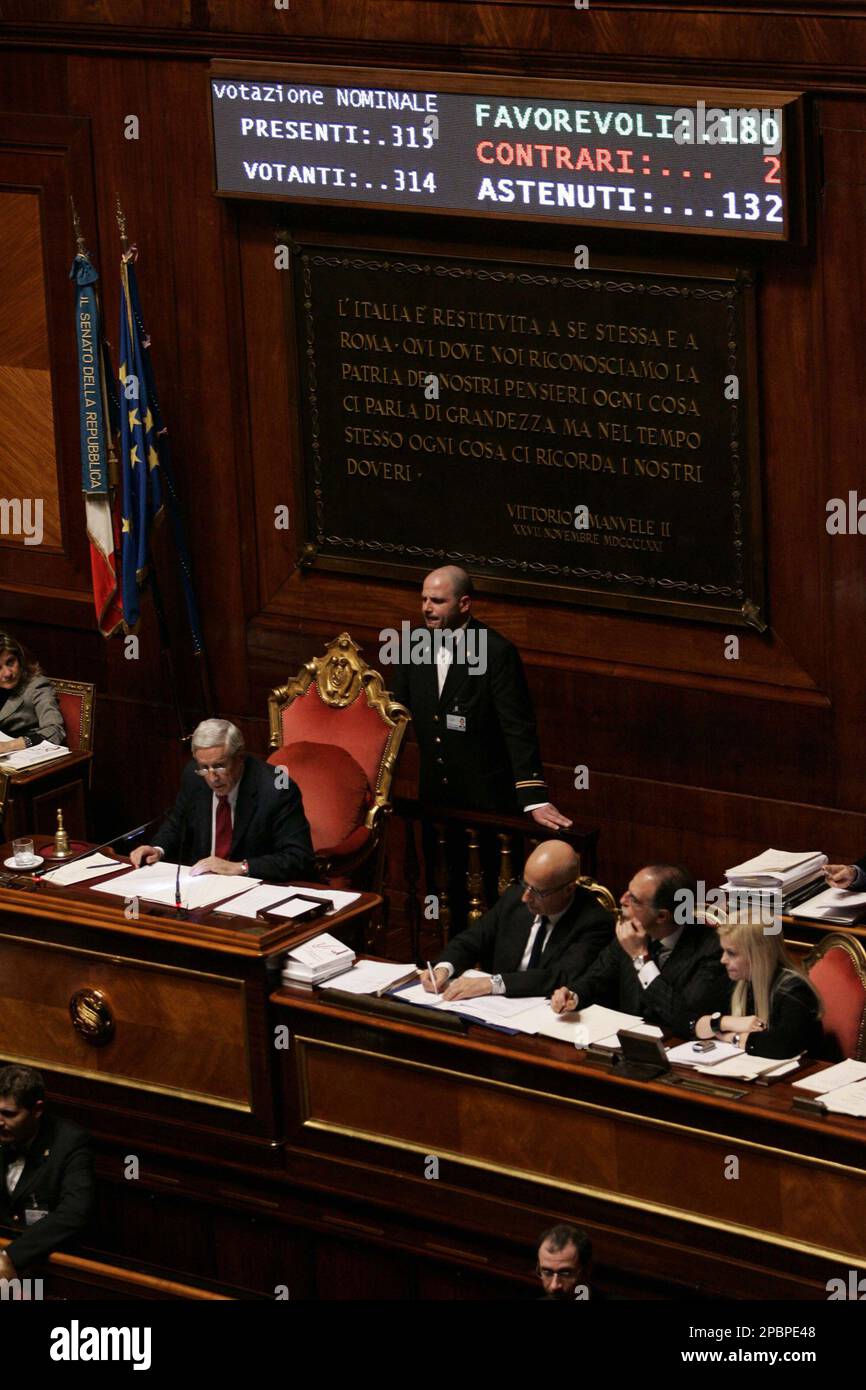 The Italian Senate's billboard shows the final results after a voting ...