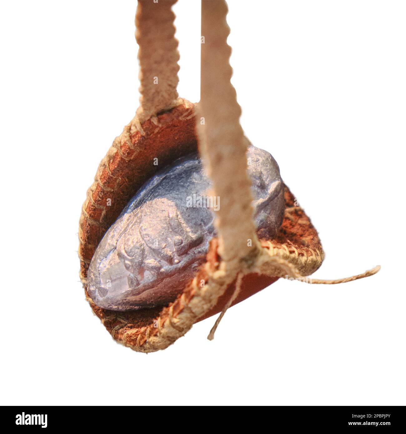 Roman slingshot of leather, isolated on a white background. Vintage ...