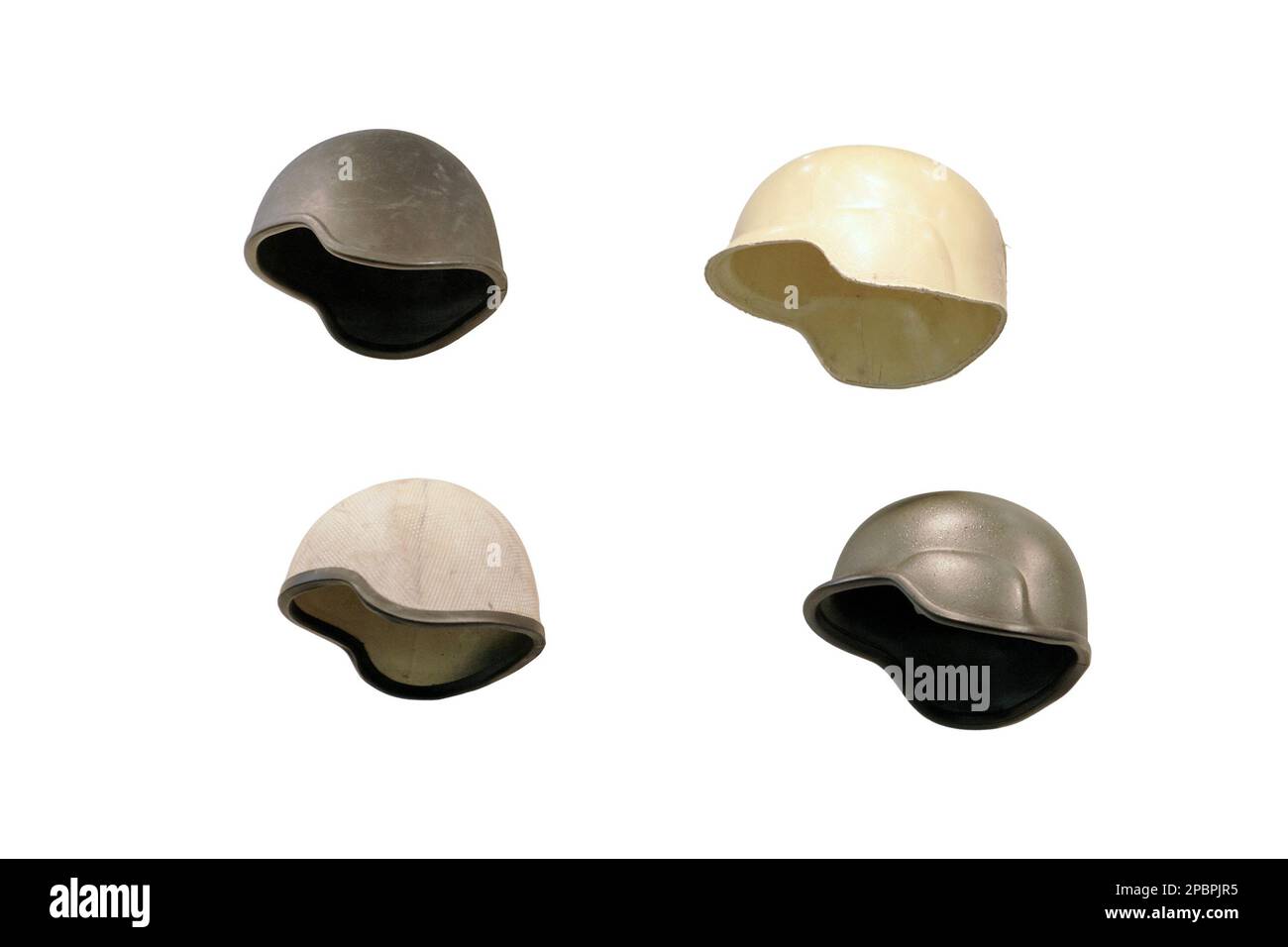 Helmet soldiers and police at an of military uniforms, isolated on a ...