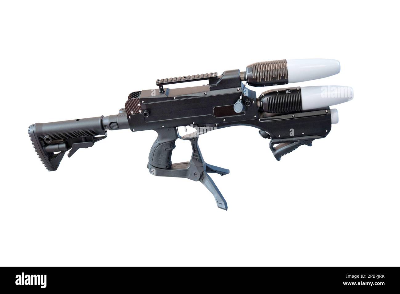 Anti-drone gun for protection against air attack, isolated on a white ...