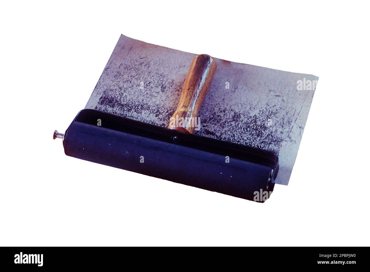 Retro roller and printing paper, isolated on a white background. Manual ...