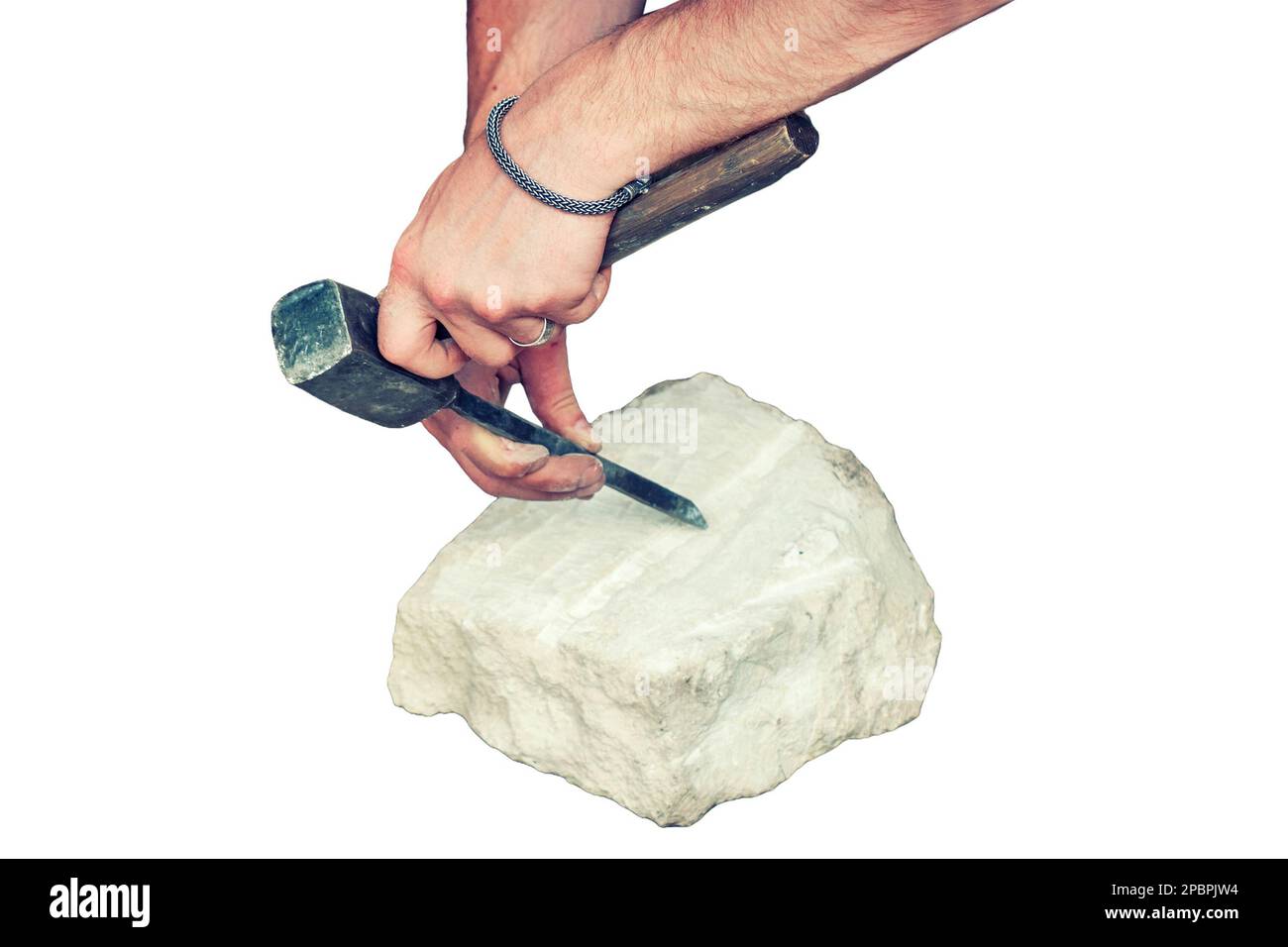 Retro Mason in the quarry beats a hammer on the stone, isolated on a ...