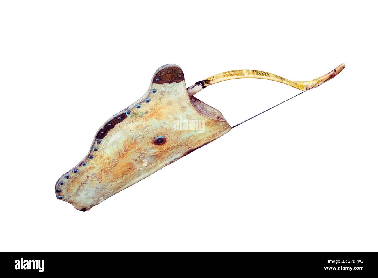 Quiver with bow hanging on a temporary dwelling of the nomadic tribe ...