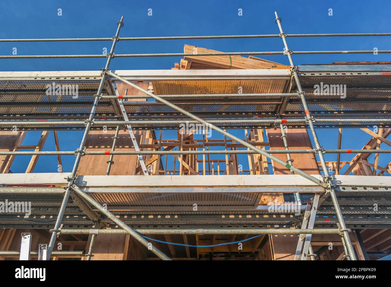 Low angle view of a timber building under construction, surrounded by ...