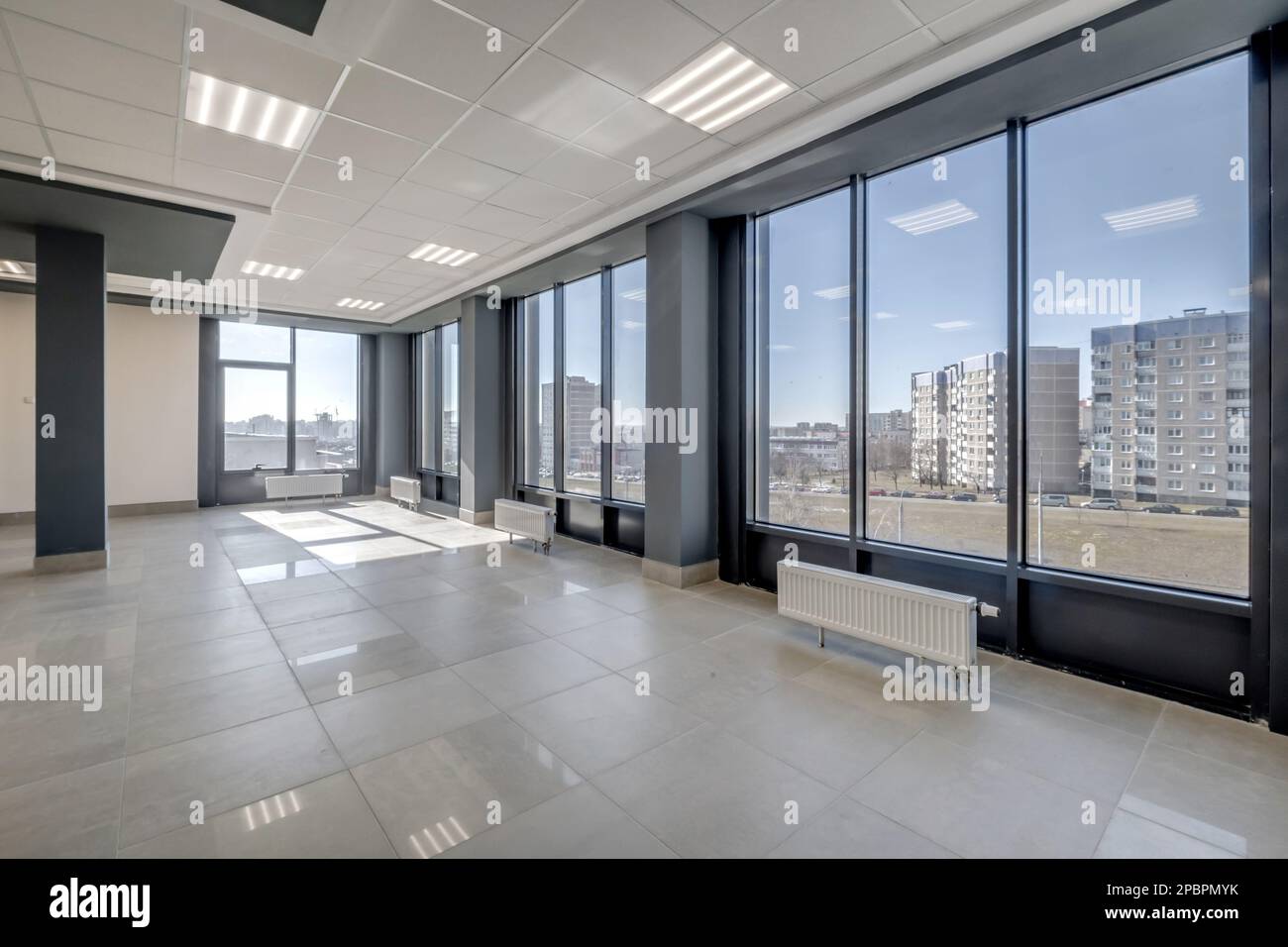 empty modern hall room with columns, doors and panoramic windows Stock ...