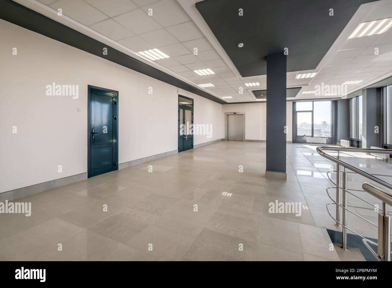 empty modern hall room with columns, doors and panoramic windows Stock ...
