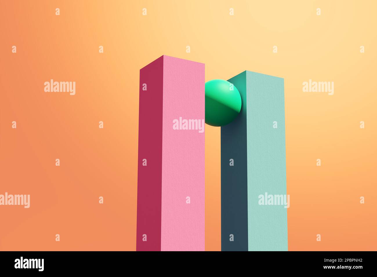 A sphere is stuck between two columns. Pressure, balance, tension or ...