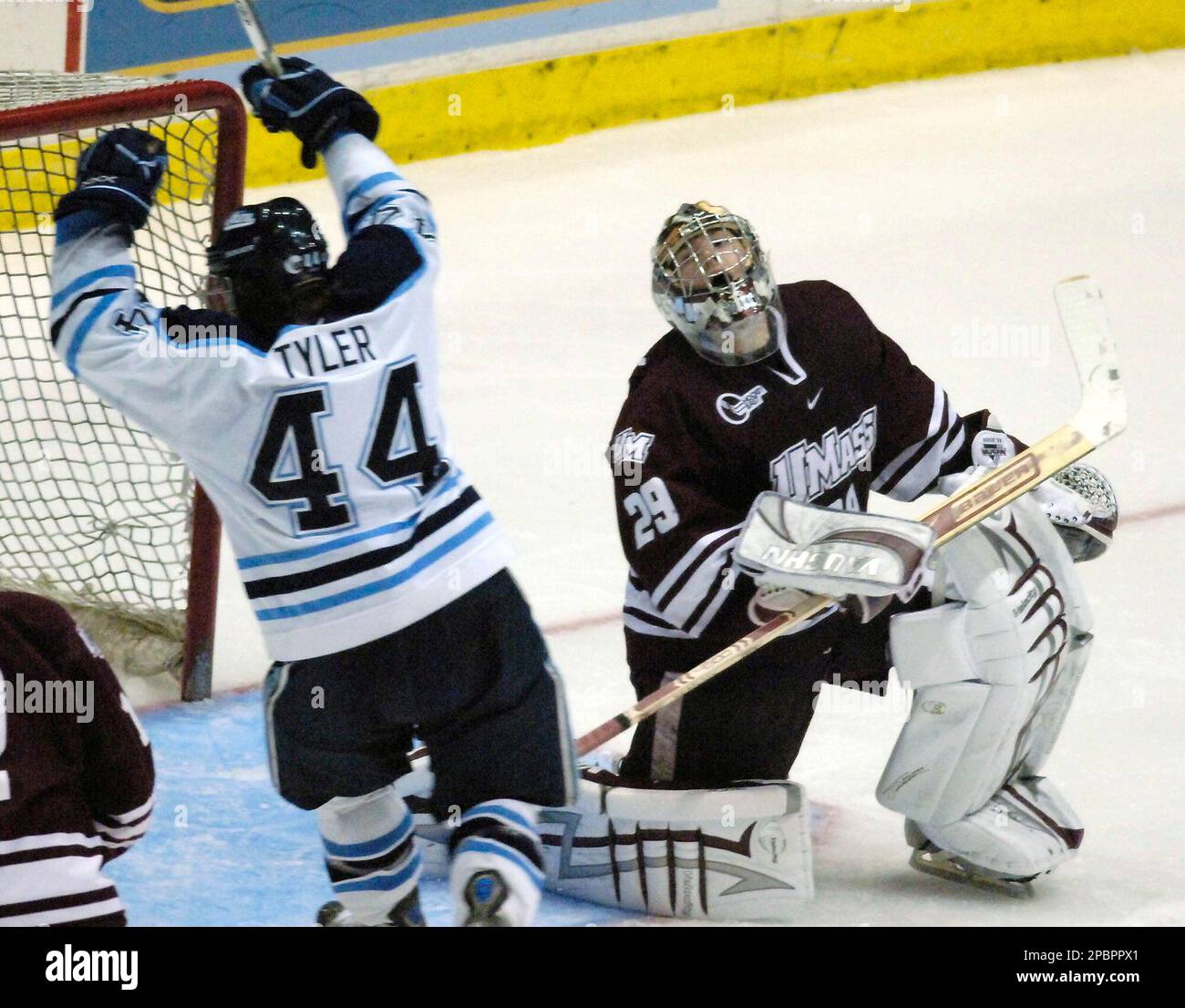 Maine defenseman Bret Tyler (44) celebrates after scoring a goal on ...