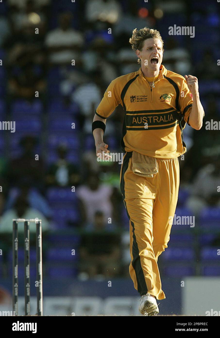 Australia's bowler Nathan Bracken celebrates after bowling South Africa ...