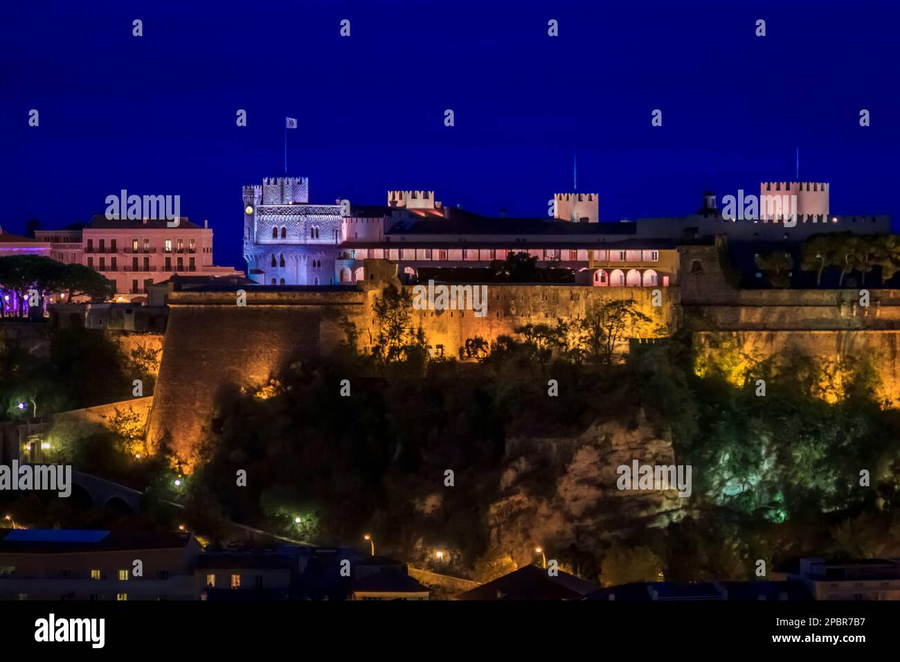 Sunset view of the Prince's Palace and the fortress walls on the Le ...