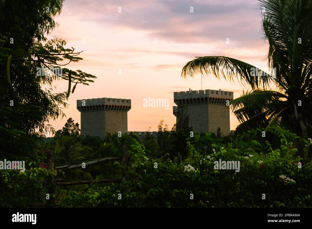 Good morning concept. Nature landscape background. Towers castle green ...