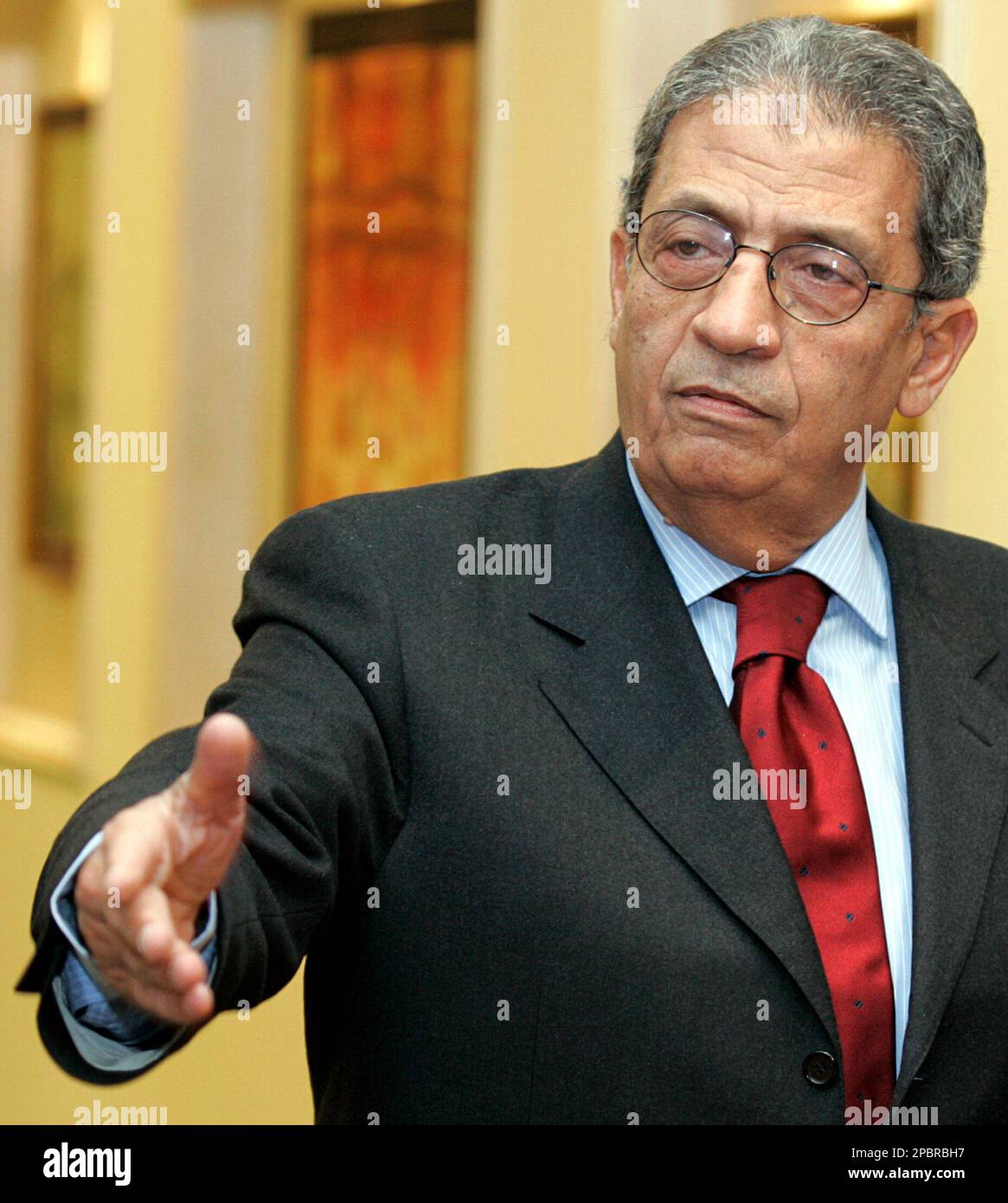 Arab League Secretary General Amr Moussa gestures during a press ...