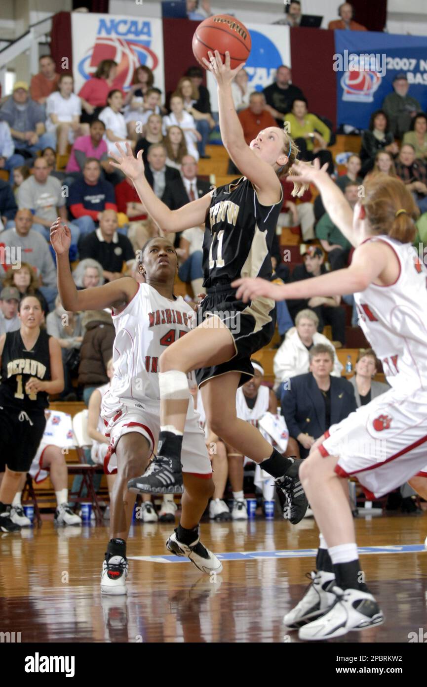 DePauw's Suzy Doughty shoots the ball over Washington University's ...