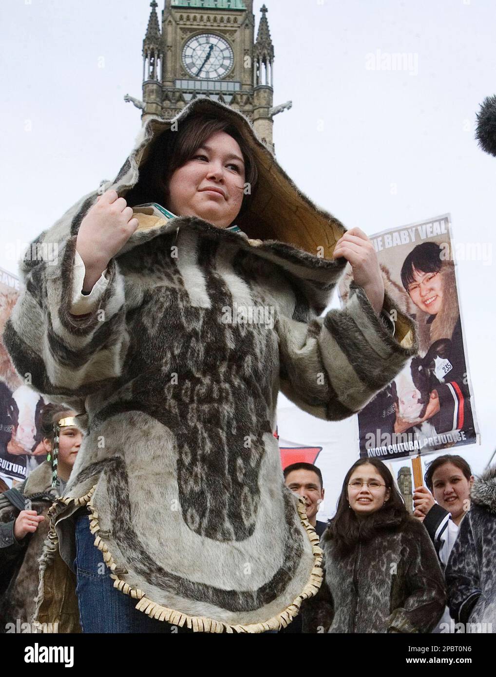 A group of Inuit students model sealskin clothing on Parliament Hill in ...