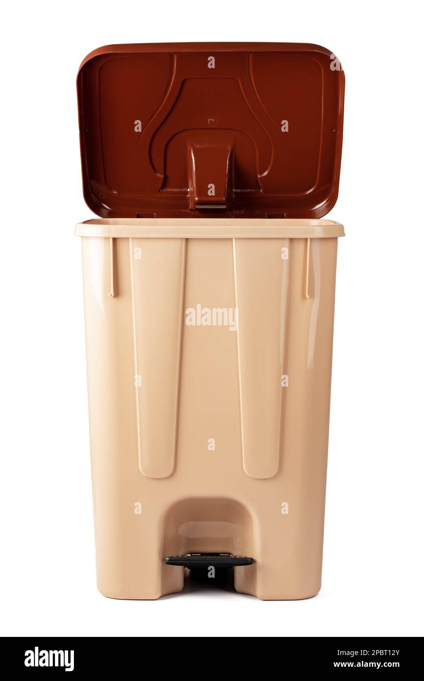 Beige plastic waste bin isolated on white Stock Photo - Alamy