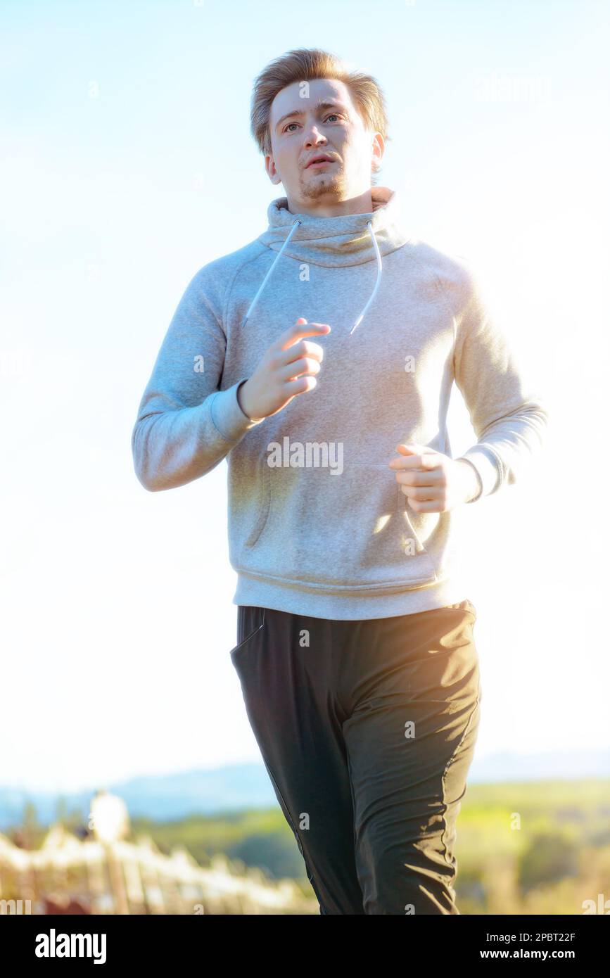 Running man jogging in rural nature at beautiful summer day. Sport ...