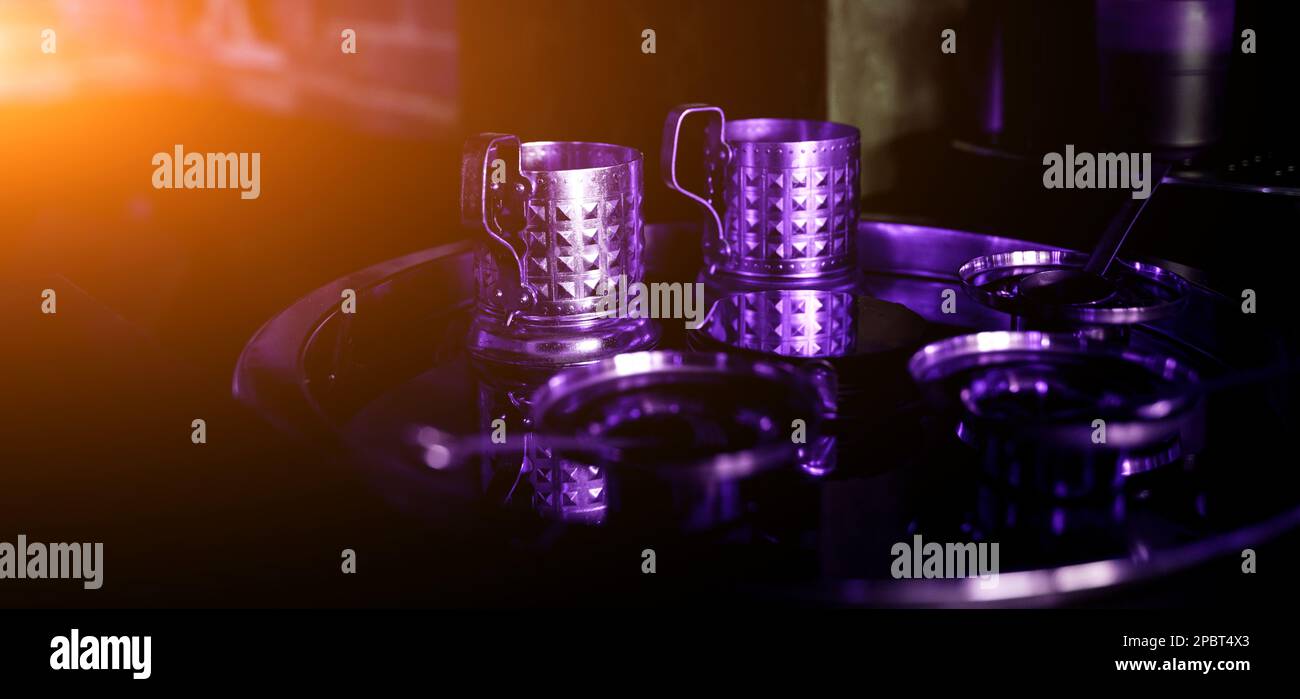 metallic teacup for breakfast. vintage cafe Stock Photo - Alamy
