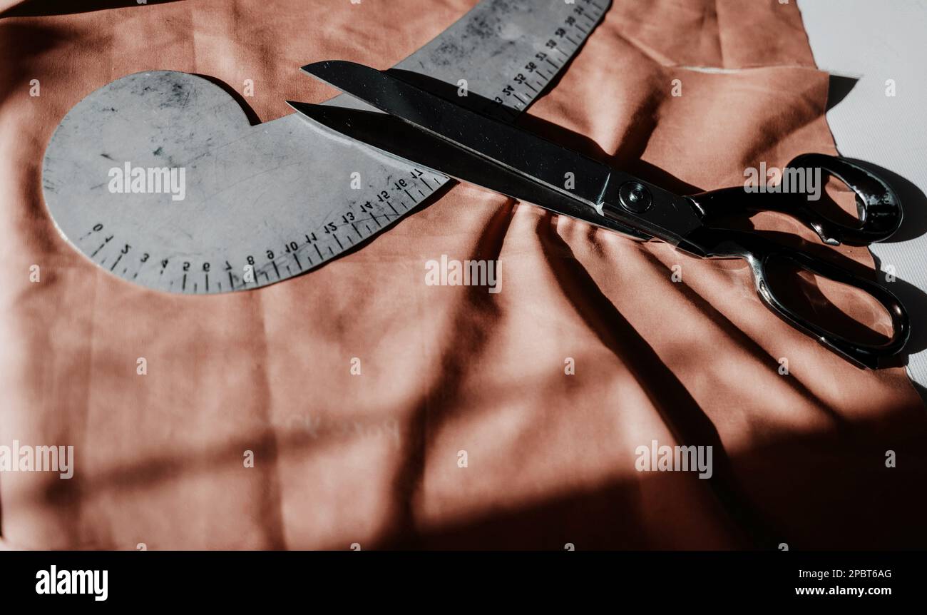 Tailoring concept. Accessories for sewing and needlework. Scissor ...