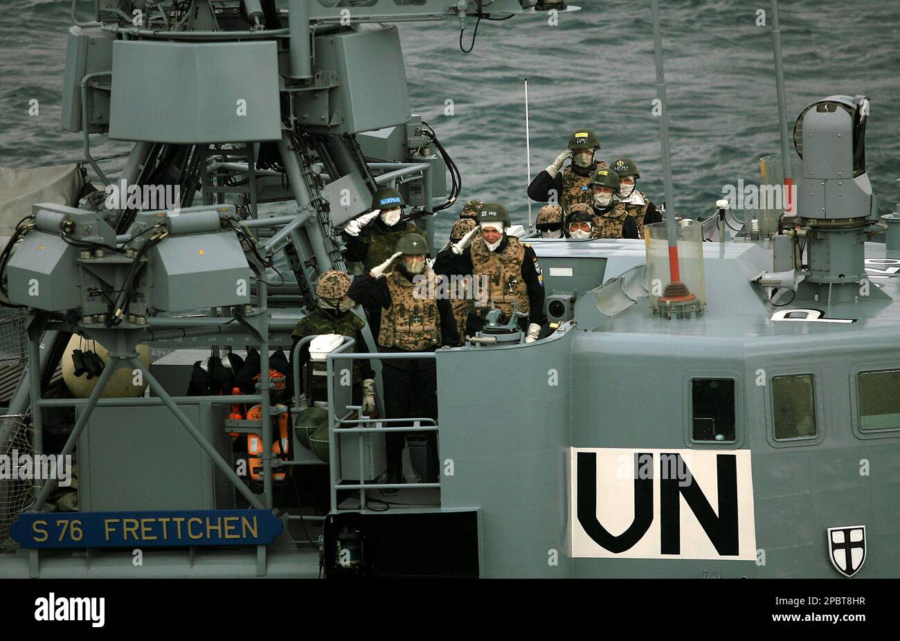 A picture taken from the UN frigate Brandenburg shows German military ...