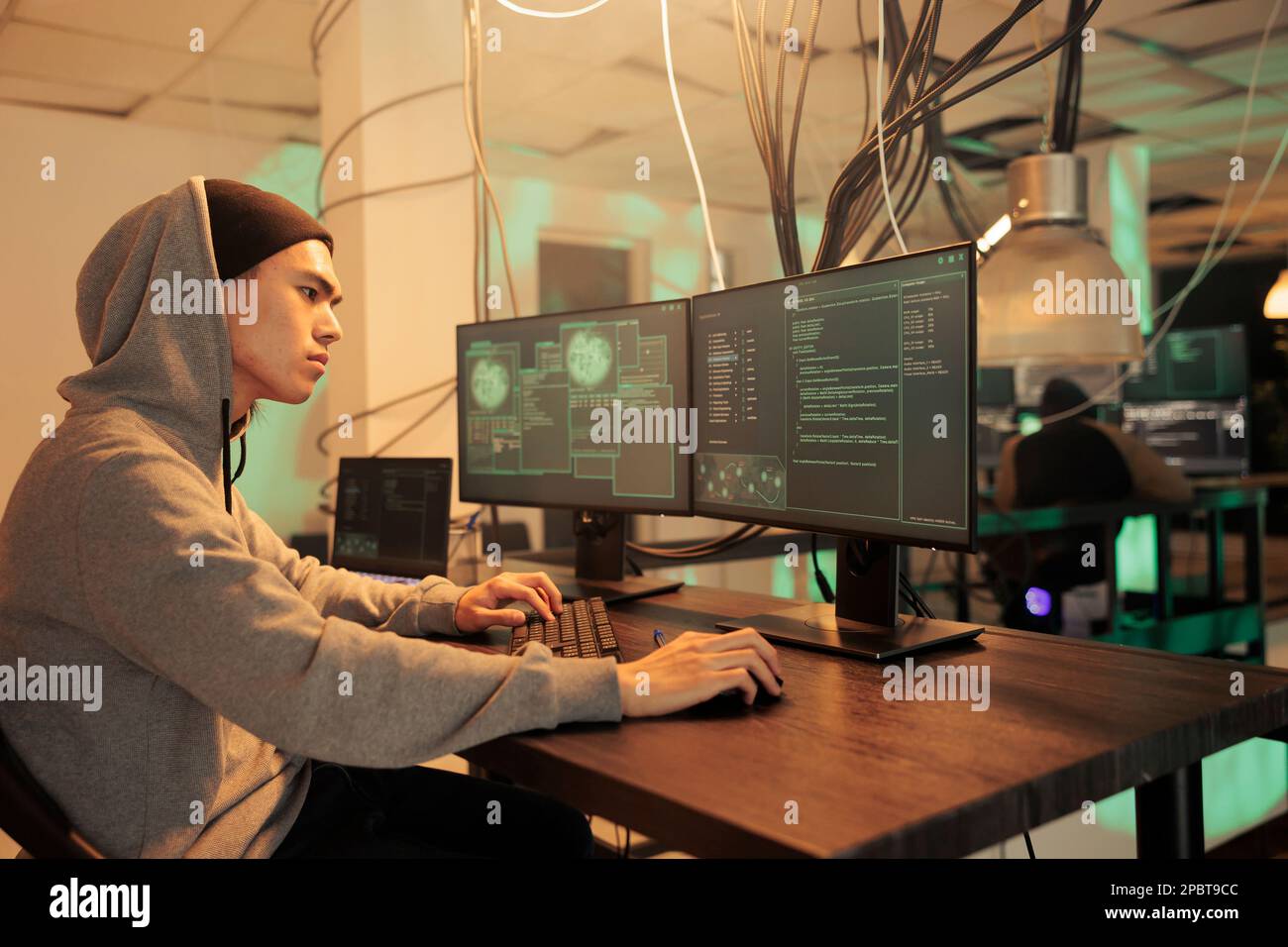 Cybercrime Asian Hacker Coding Computer Worm Program Data Breach Man Hacking System Stealing