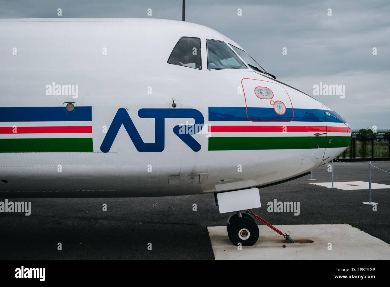 ATR-42 cockpit on the tarmac of Aeroscopia museum near Toulouse, in the ...