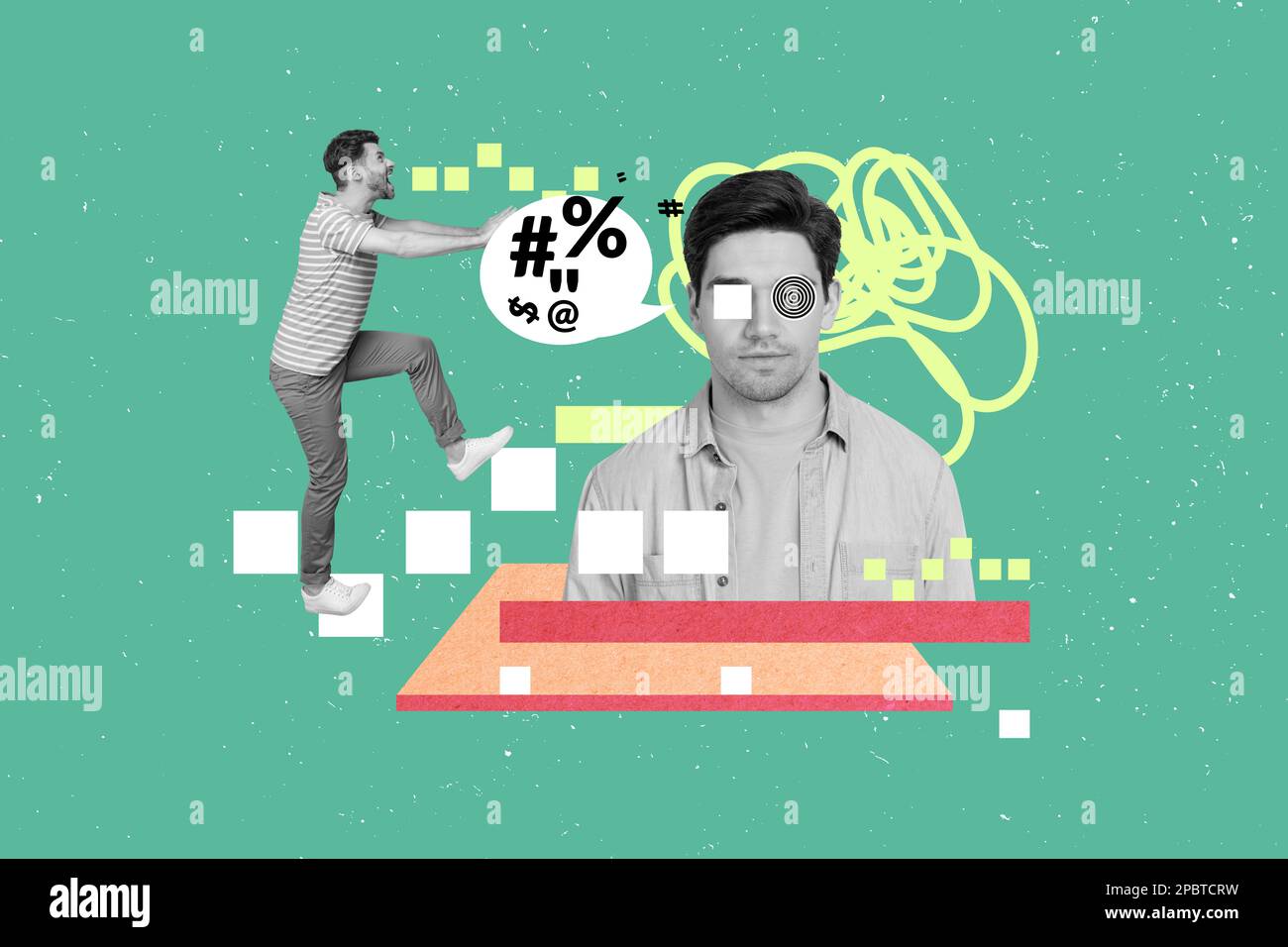 Creative collage picture of mini angry black white effect guy scream ...