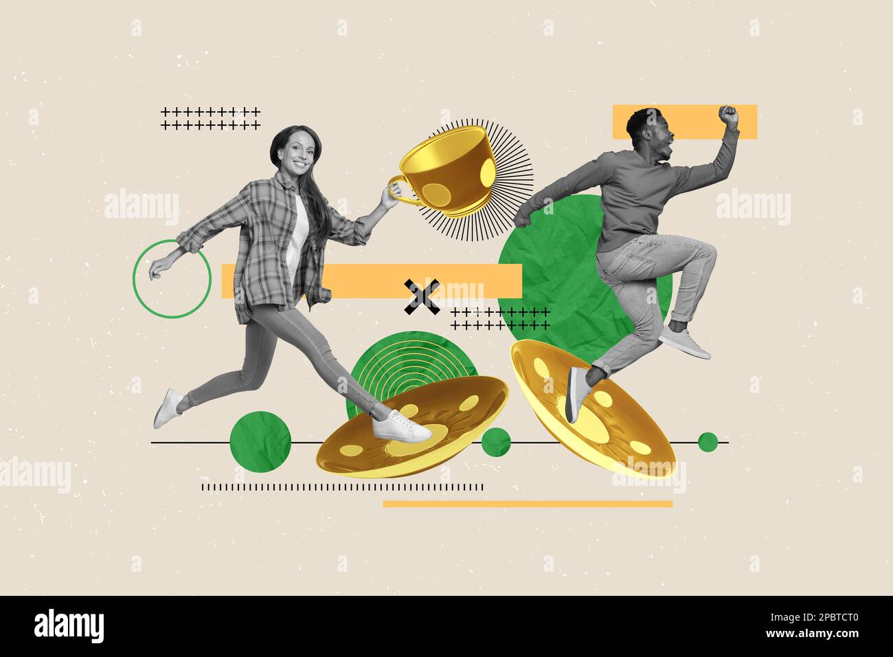 Creative collage image of two black white effect excited mini people ...