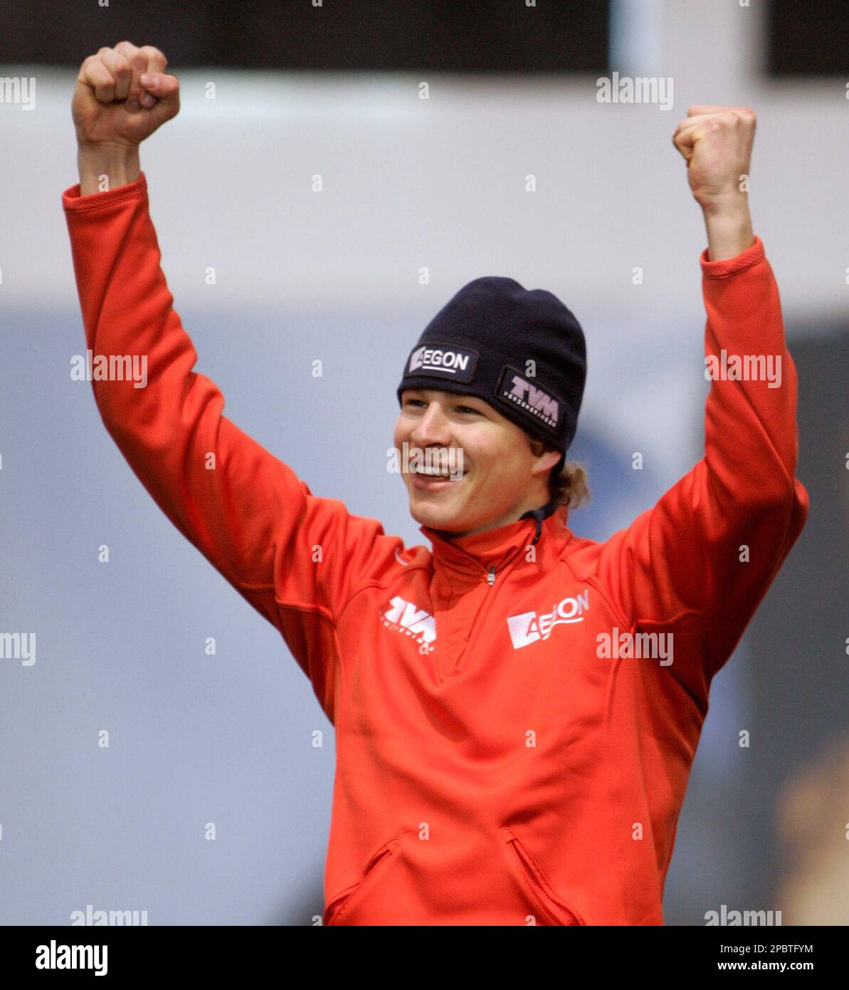 Netherland’s Sven Kramer celebrates on the podium after the men's ...
