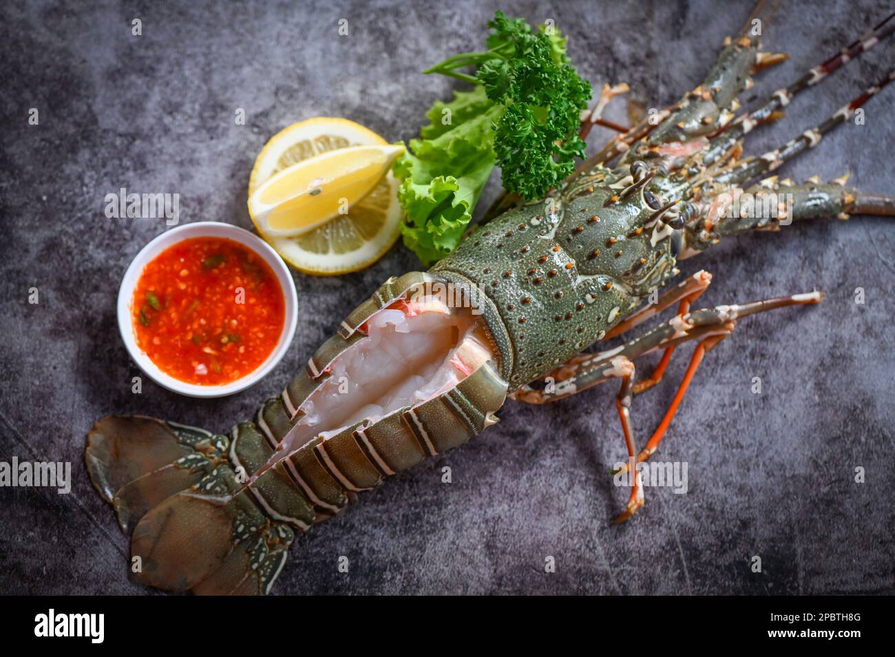spiny lobster sashimi seafood, fresh lobster or rock lobster with herb ...