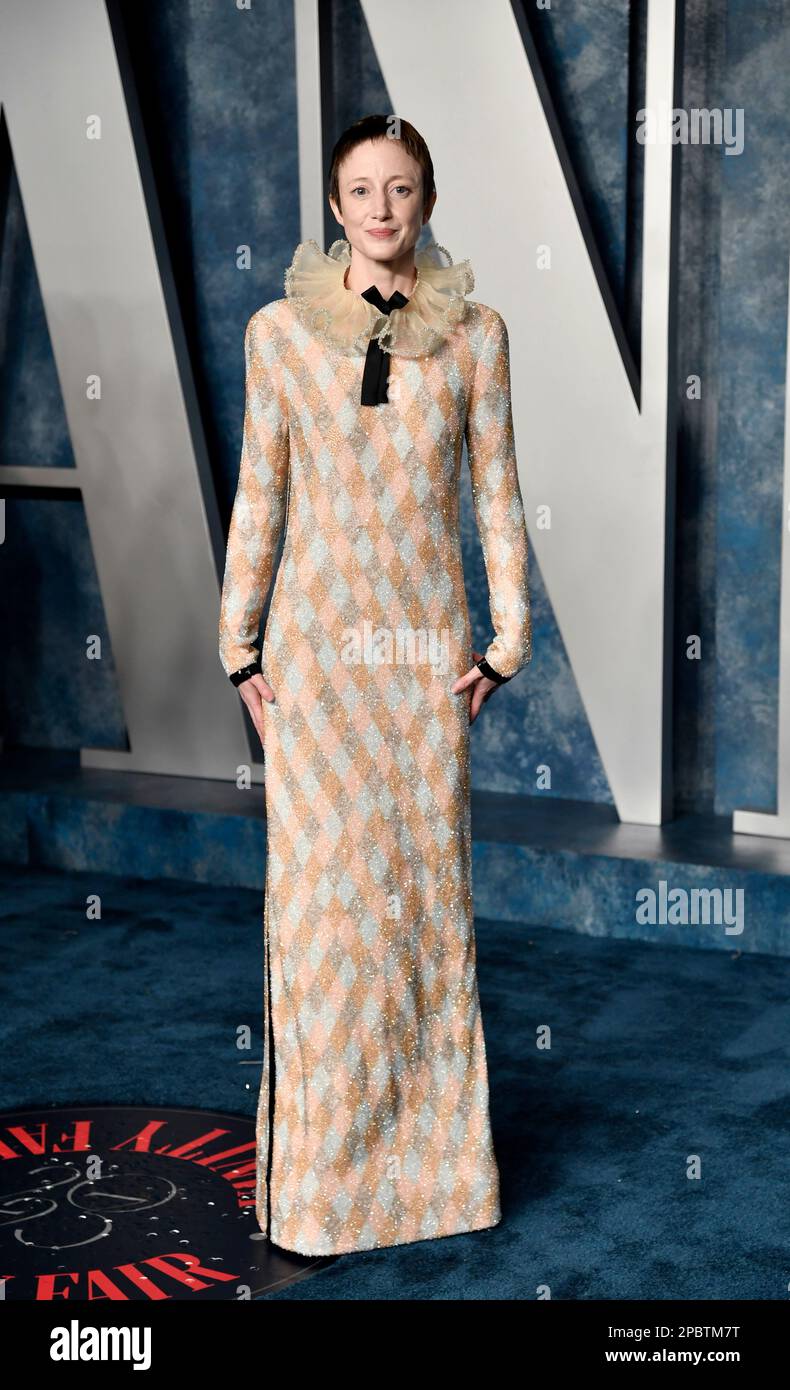 Andrea Riseborough arrives at the Vanity Fair Oscar Party on Sunday ...