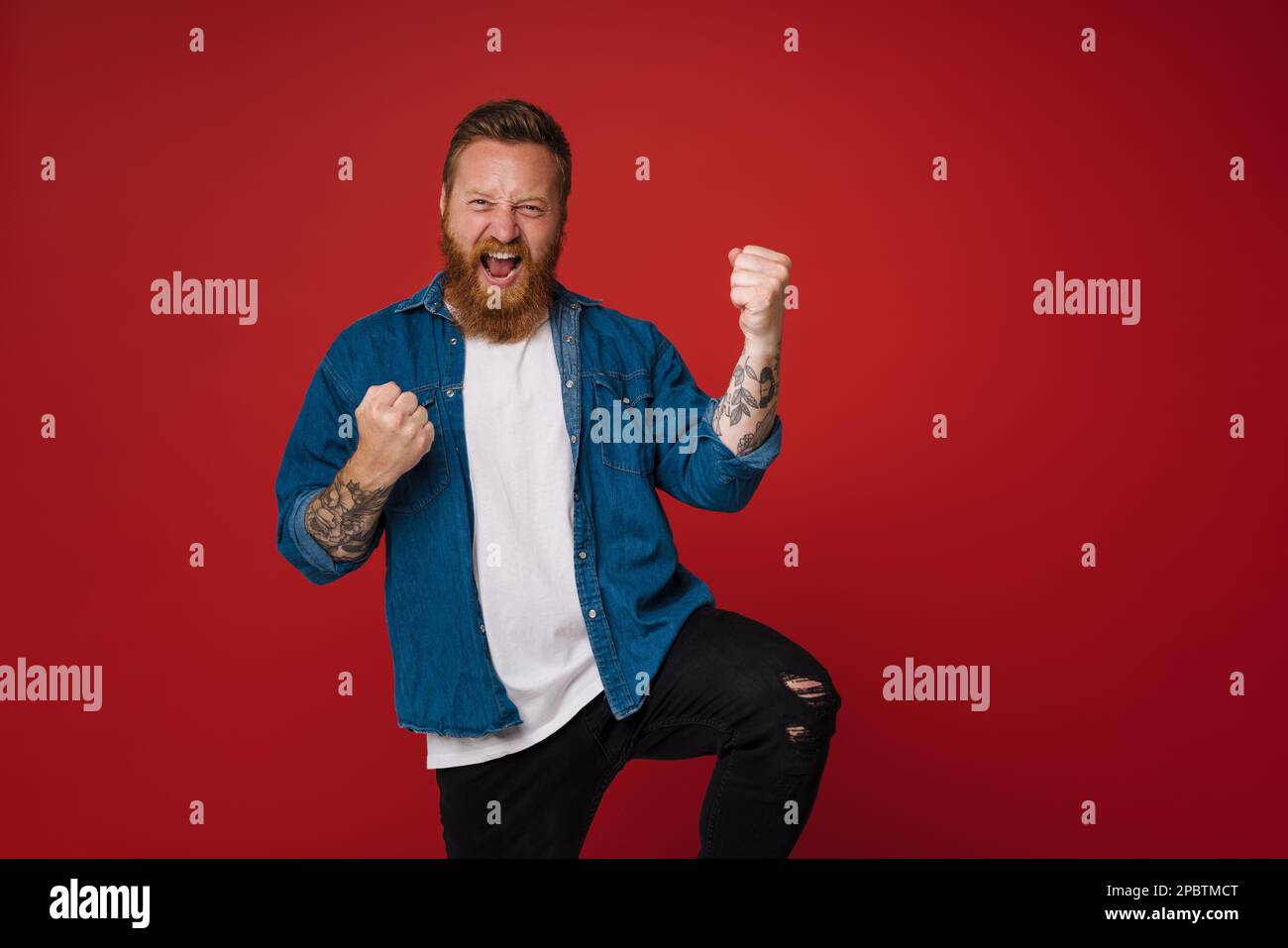 Ginger white man screaming and making winner gesture isolated over red ...