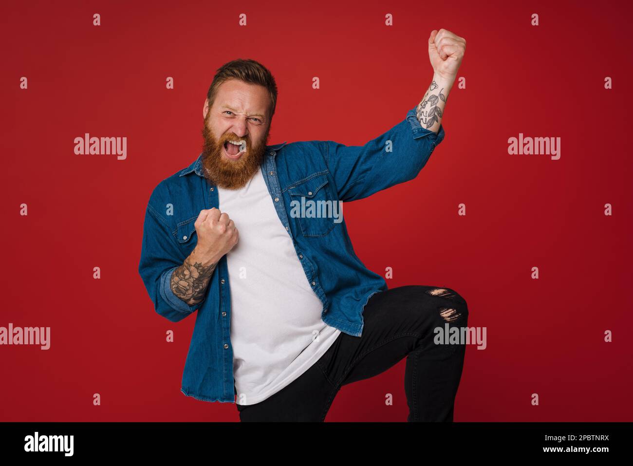 Ginger white man screaming and making winner gesture isolated over red ...