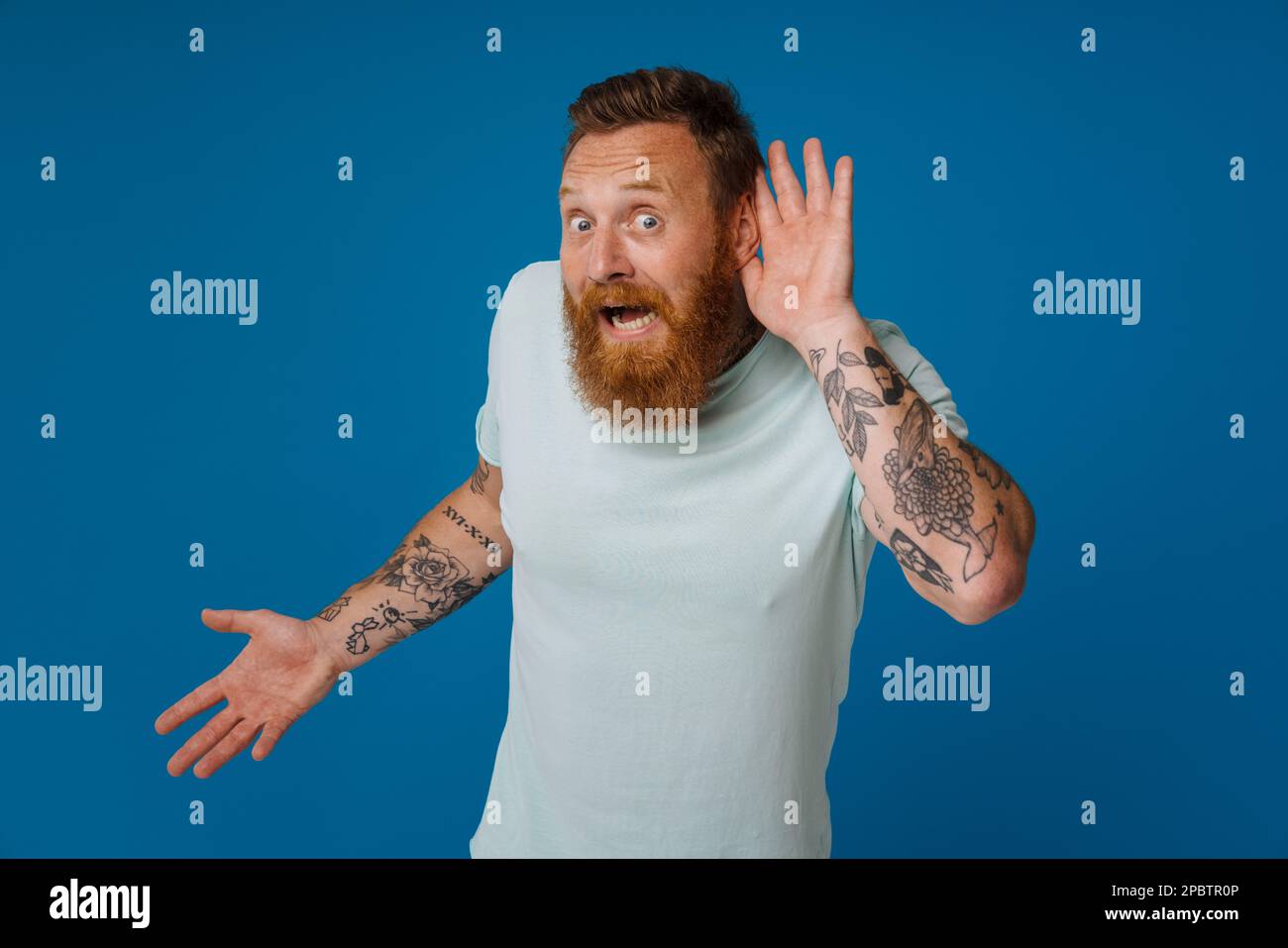 Ginger shocked man with beard expressing surprise at camera isolated ...
