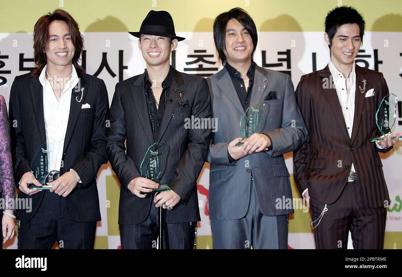The popular Taiwanese boys band F4, from left, Jerry Yan, Vanness Wu, Ken Chu and Vic Chou, pose ...