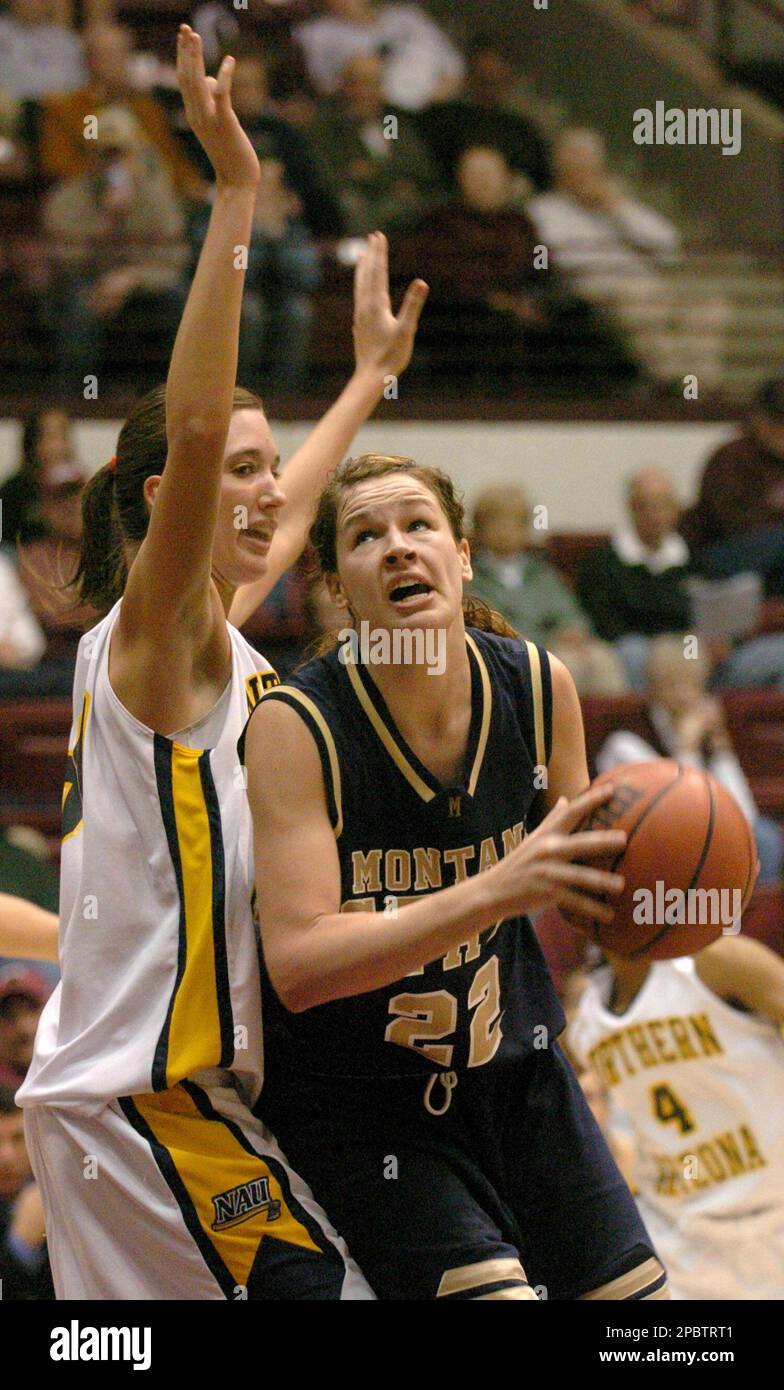 Montana State's Rachel Blackman, right, has her shot blocked by ...