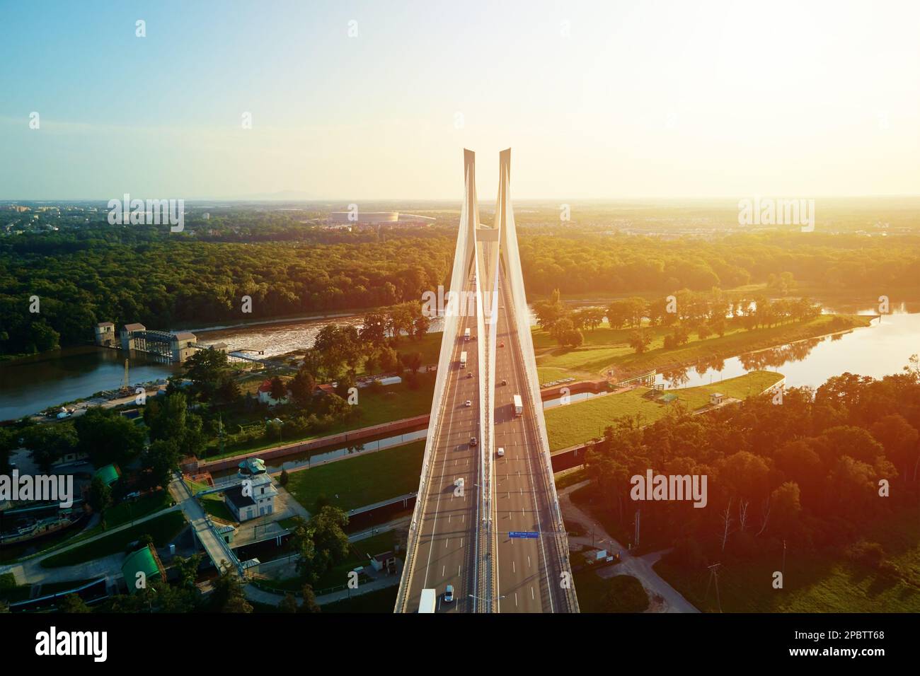 Aerial drone view of Redzinski bridge over Odra river in Wroclaw city ...