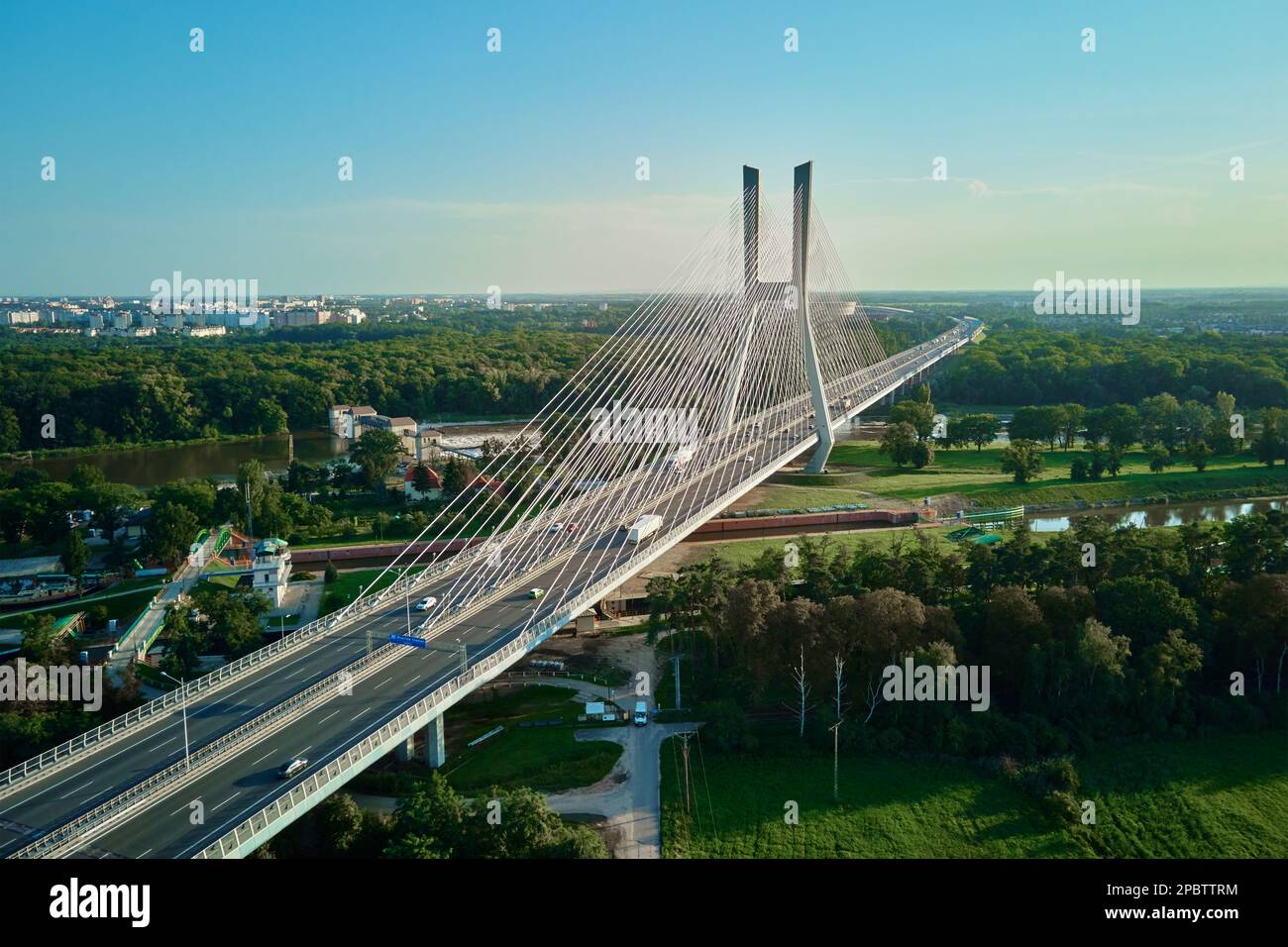 Aerial drone view of Redzinski bridge over Odra river in Wroclaw city ...