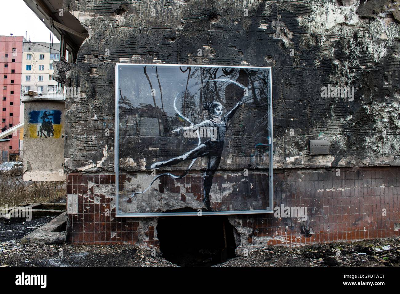 "Girl gymnast" Mural by Banksy in Irpin, on a ruined building, just ...